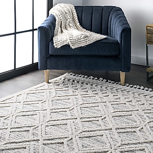 nuLOOM 9x12 Ansley Moroccan Tassel Area Rug, Light Grey, High-Low Textured Bohemian Design, Plush High Pile, Stain Resistant, For Bedroom, Living Room, Hallway, Entryway