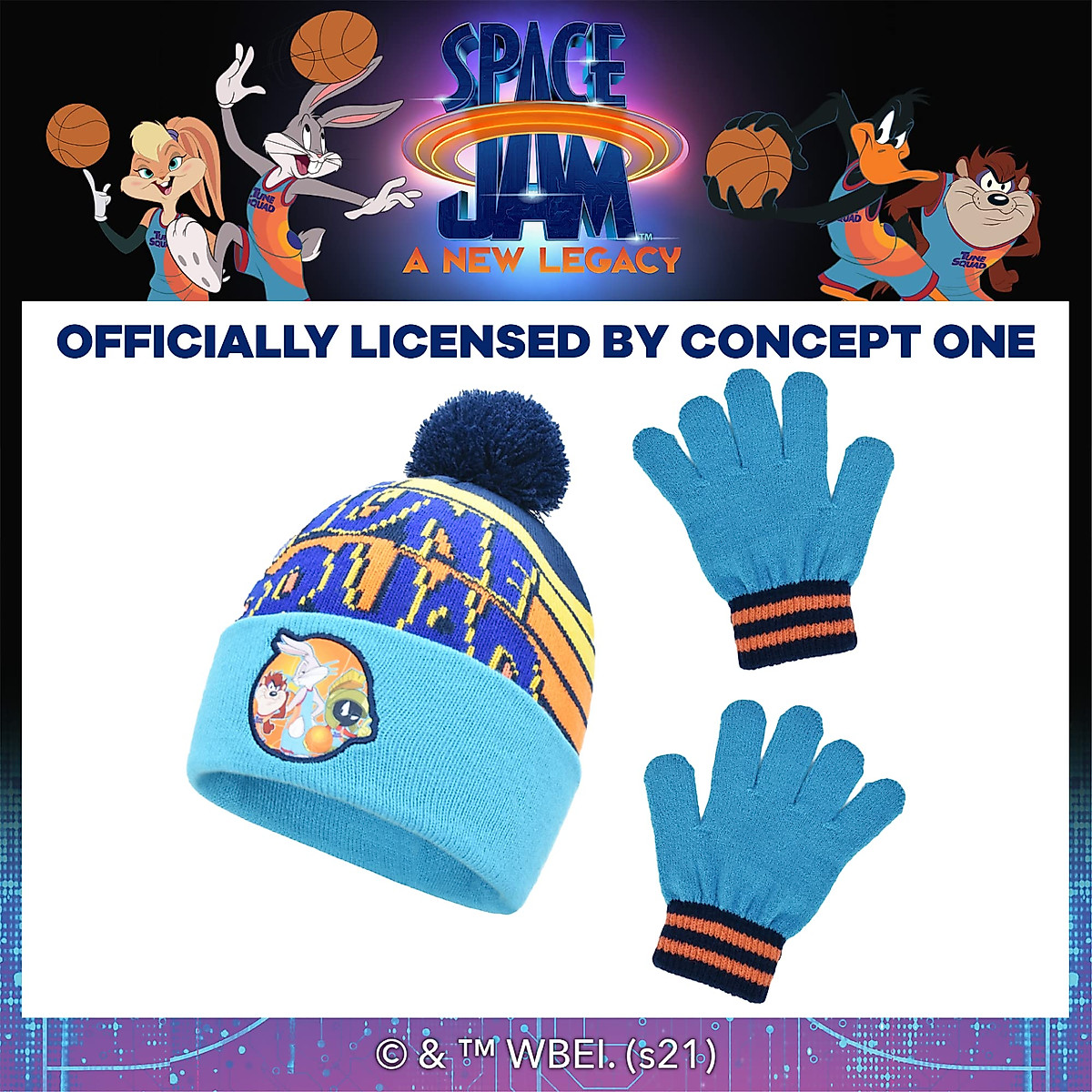 Concept One Space Jam A New Legacy Tune Squad Kids Pom Cuffed Beanie Hat and Gloves Set, Blue, One Size