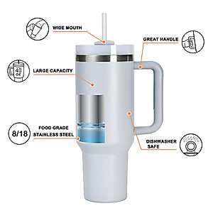 40oz Tumbler with Handle, Straw, Lid, Stainless Steel Vacuum Insulated Water Bottle Adventure Travel Mug Quencher for Iced Coffee, Hot and Cold Tea, Beverage (40oz Light Grey