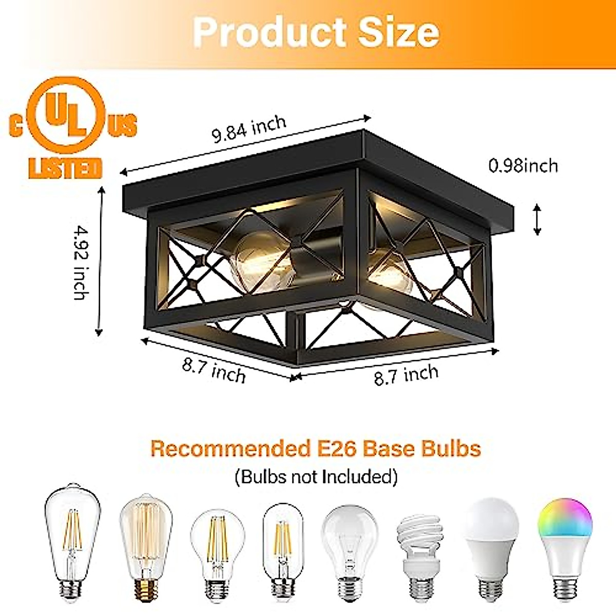 Aolloa Black Flush Mount Ceiling Light, 2-Light Hallway Light Fixtures Ceiling Mount, E26 Base Close to Ceiling Light with Vintage Metal Square Ceiling Lamp for Kitchen, Living Room, Bedroom