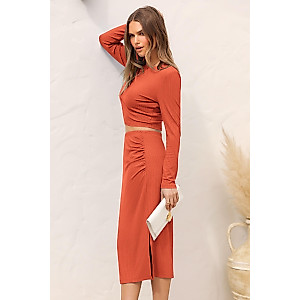 PRETTYGARDEN Womens 2024 Fall 2 Piece Outfits Track Suits Long Sleeve Crop Tops Bodycon Midi Skirt Slit Dress Matching Sets (Orange,Large)