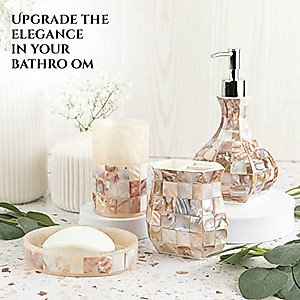 Creative Scents Decorative Bathroom Accessories Set - 4 Piece Bathroom Accessory Set Covered with Natural Mother of Pearl Shells Includes: Soap Dispenser, Toothbrush Holder, Tumbler and Soap Dish