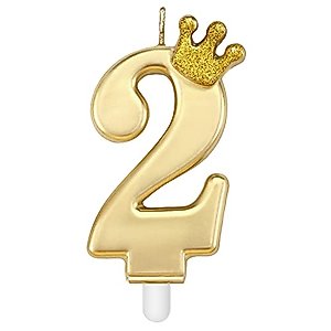 3.9inch Birthday Number Candle, Large 3D Number Birthday Candles for Cake with Glitter Crown Decor Cake Topper Candle for Wedding Ceremony Anniversary Festival Party (Gold, 2)