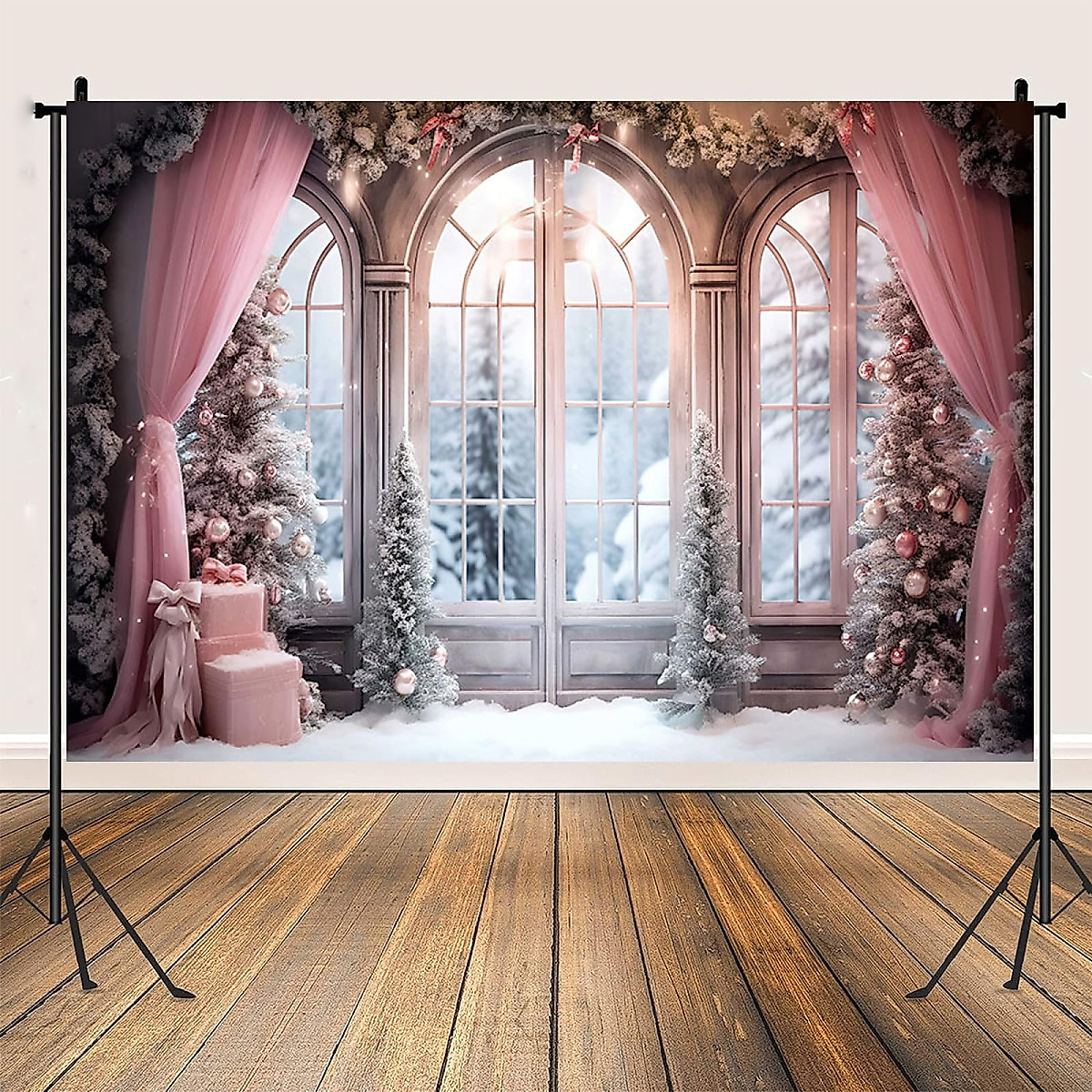 Pink Curtain Winter Xmas Photo Background Christmas Winter Snow Forest Window Photography Background Family Holiday Party Decorations Baby Shower 1st Birthday Backdrop,8X6FT