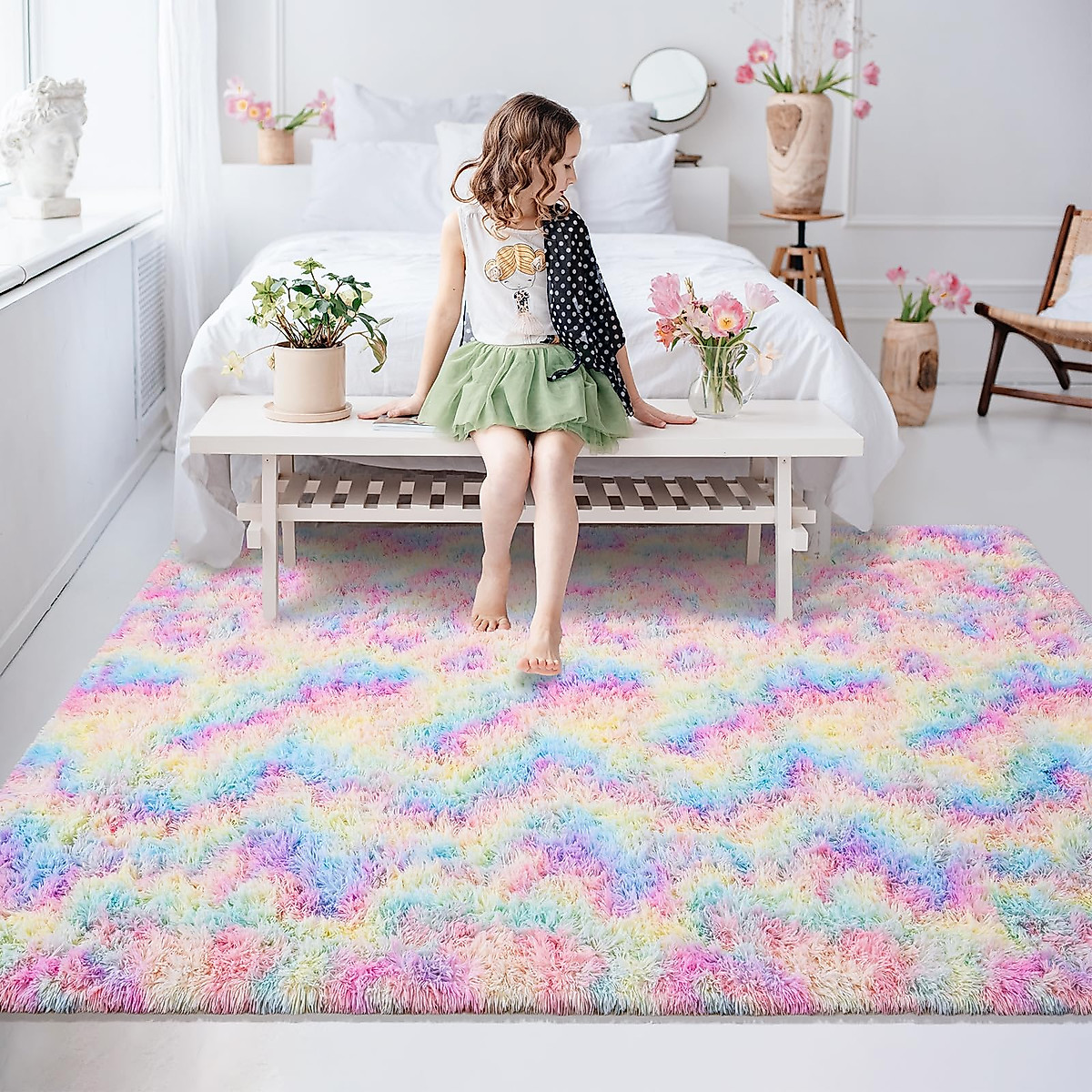 Softlife Area Rug for Bedroom, 4x6 Feet Plush Fluffy Rug for Living Room, Tie-Dyed Rainbow Shag Rug for Aesthetic Room Decor, Ultra Soft Modern Fuzzy Faux Fur Carpet for Kids Nursery Room Dorm