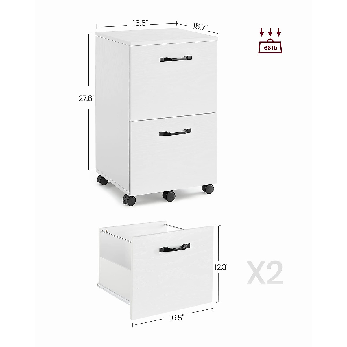 VASAGLE 2-Drawer File Cabinet, Filing Cabinet for Home Office, Small Rolling File Cabinet, Printer Stand, for A4, Letter-Size Files, Hanging File Folders, Modern Style, White UOFC040W46