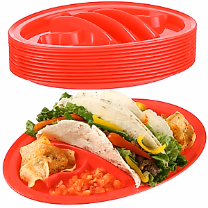 Patelai 12 Pcs Taco Plates Plastic Taco Serving Plates with 2 Taco Holders Plus 4 Compartments Divided Taco Tray for Soft & Hard Shell Tacos Tuesday Night Party Kids Fiesta Food (Red)