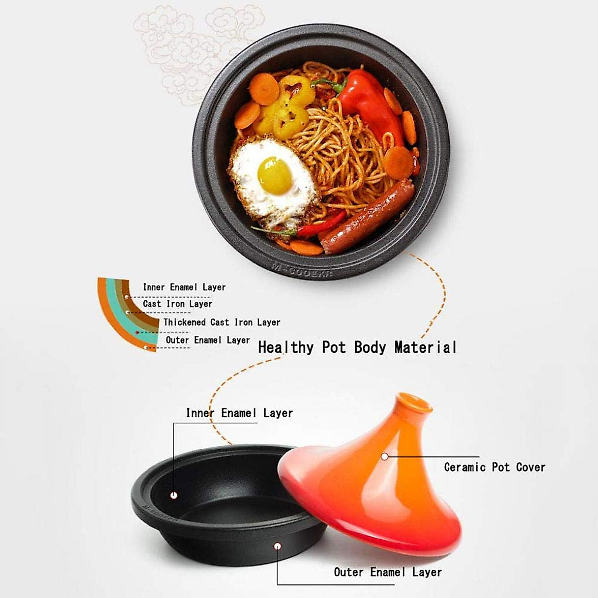 MYYINGBIN 1.7 Liters Moroccan Tagine Lead Free Ceramic Pot Safe Clay Stew Pot Cast Iron Base Suitable for 1-4 People, Purple