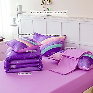 ANGIYUIN Purple Twin Bed in A Bag, 6 Pieces Rainbow Gradient Glitter Bedding Sets for Girls, 3D Galaxy Nebula Kids Comforter Set with Comforter Sheets Pillowcases for All Season