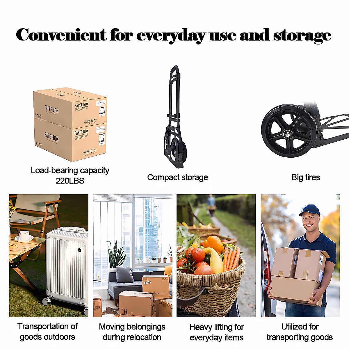 RJTEK【Material upgrading】 Folding Hand Truck and Dolly 220lb Capacity, Telescoping Handle, Heavy-Duty Luggage Trolley Cart Lightweight, Hand Cart and Dolly Ideal for Home, Auto, Office,Travel Use