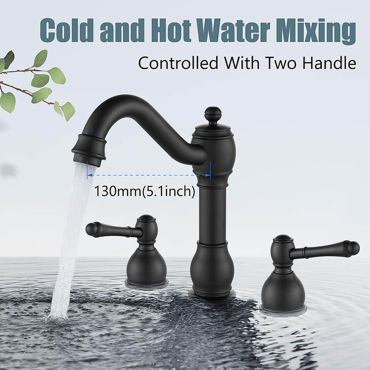 Aolemi Matte Black 8 Inch 3 Holes Widespread Bathroom Sink Faucet Doubel Lever Handle Vanity Basin Mixer Tap with Pop Up Drain Assembly Deck Mount