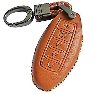 Hand Sewing 5 Buttons Leather Key Fob Cover Case Remote Holder Bag for 2017 2018 Nissan Rogue Maxima Altima Sedan Pathfinder Brown