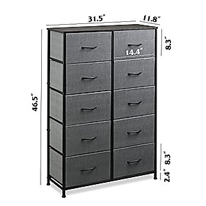 WLIVE 10-Drawer Dresser, Fabric Storage Tower for Bedroom, Hallway, Nursery, Closets, Tall Chest Organizer Unit with Textured Print Fabric Bins, Steel Frame, Wood Top, Easy Pull Handle, Dark Grey