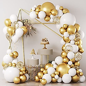 COKAOBE White and Gold Balloons Garland Kit, 124pcs White Metallic Gold Confetti Balloon Arch Kit for Wedding, Engagements Birthday Graduation Baby Shower Celebrations Anniversary Party Decorations