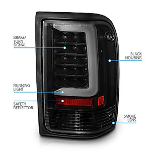AmeriLite for 1993-1997 Ford Ranger Smoke Black C-Type LED Tube Replacement Taillights Set - Passenger and Driver Side