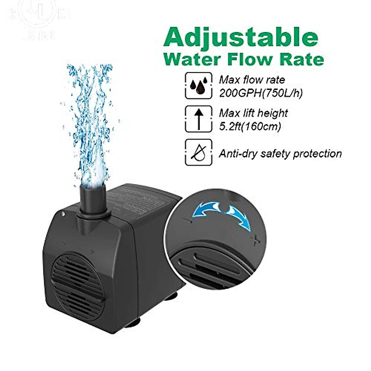 Knifel Submersible Pump 200GPH Ultra Quiet with Dry Burning Protection 5.2ft High Lift for Fountains, Hydroponics, Ponds, Aquariums & More…