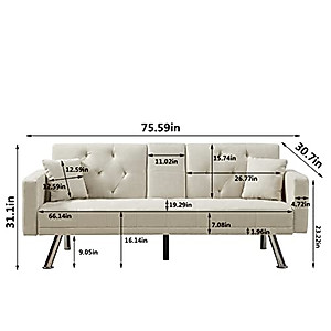 Tufted Recliner Sofa, YOGLAD Convertible Fabric Sofa Bed, Modern Style Futon with Cup Holder, Couch with Metal Legs & Pillow, for Living Room, Apartment (Beige, Linen Sofa, 75"*30")