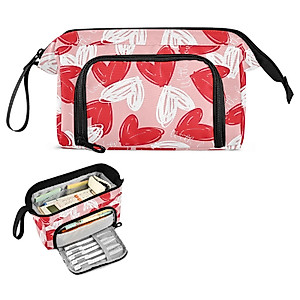 Bolaz Big Capacity Pencil Pen Case Pouch Bag School College Office Organizer for Teens Girls Adults Student-Valentine's Day Red White Hearts on Pink