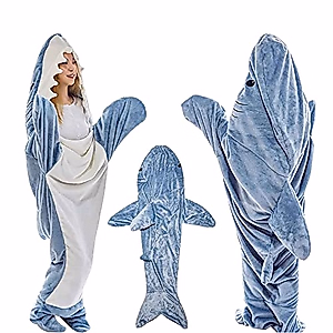 LELEBEAR Shark Blanket, Shark Blanket Adult, Shark Blanket Hoodie, Shark Onsie, Shark Wearable Blanket Adult Cozy Flannel Hoodie (Blue White, 82.6"*35.4"(XL))