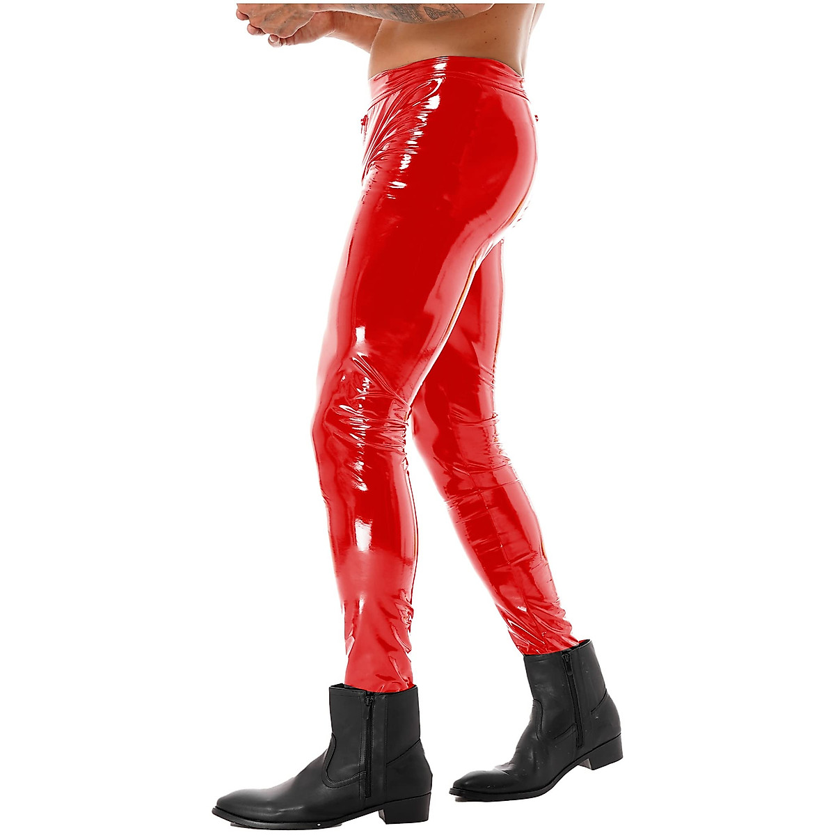 TSSOE Men Shiny Wetlook Patent Leather Skinny Pants Tight Zipper Crotch Clubwear Motor Biker Leggings Red Large