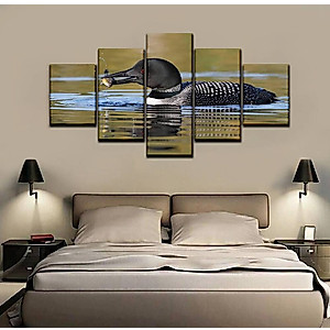 Large Canvas Print 5 Panels Art Wall Paintings Common Loon Catching a Pumpkinseed Sunfish Stretched Framed Wall Poster Picture on Canvas Home Decor - 60x32 Inch Total