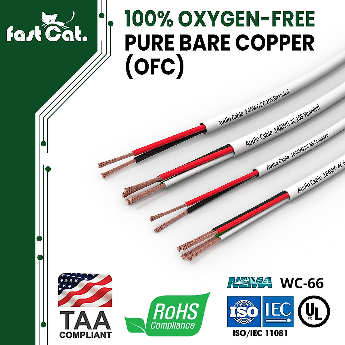 fast Cat. Speaker Wire 14 Guage 2C, UL Listed & CMR/CL3R-FT4 Rated - Speaker Cable w/PVC Jacket, 100% Oxygen-Free Pure Bare Copper - (105) HighFlex 14 Guage Wire - in-Wall Use-500ft Bulk Cable, White