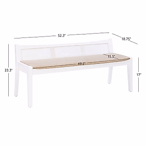Linon Memphis Wood Cane Bench with Padded Seat in White