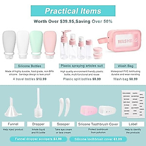 Noideeer 18 Pcs Travel Bottles for Toiletries Gym TSA Approved, Leak Proof with Bandage Silicone Squeezable 3oz for Toner Shampoo Conditioner Lotion Body Wash with Toothbrush Cover Tag and Wash Bag