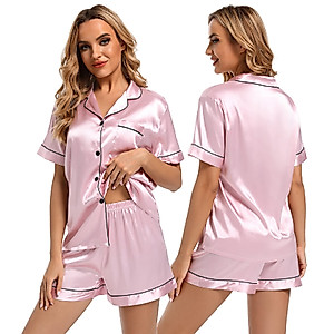 Finvizo Womens Silk Satin Pajamas Set: Soft Short Sleeve Two-piece Pjs Silky Button-down Sleepwear Loungewear Shorts Set,Pink S