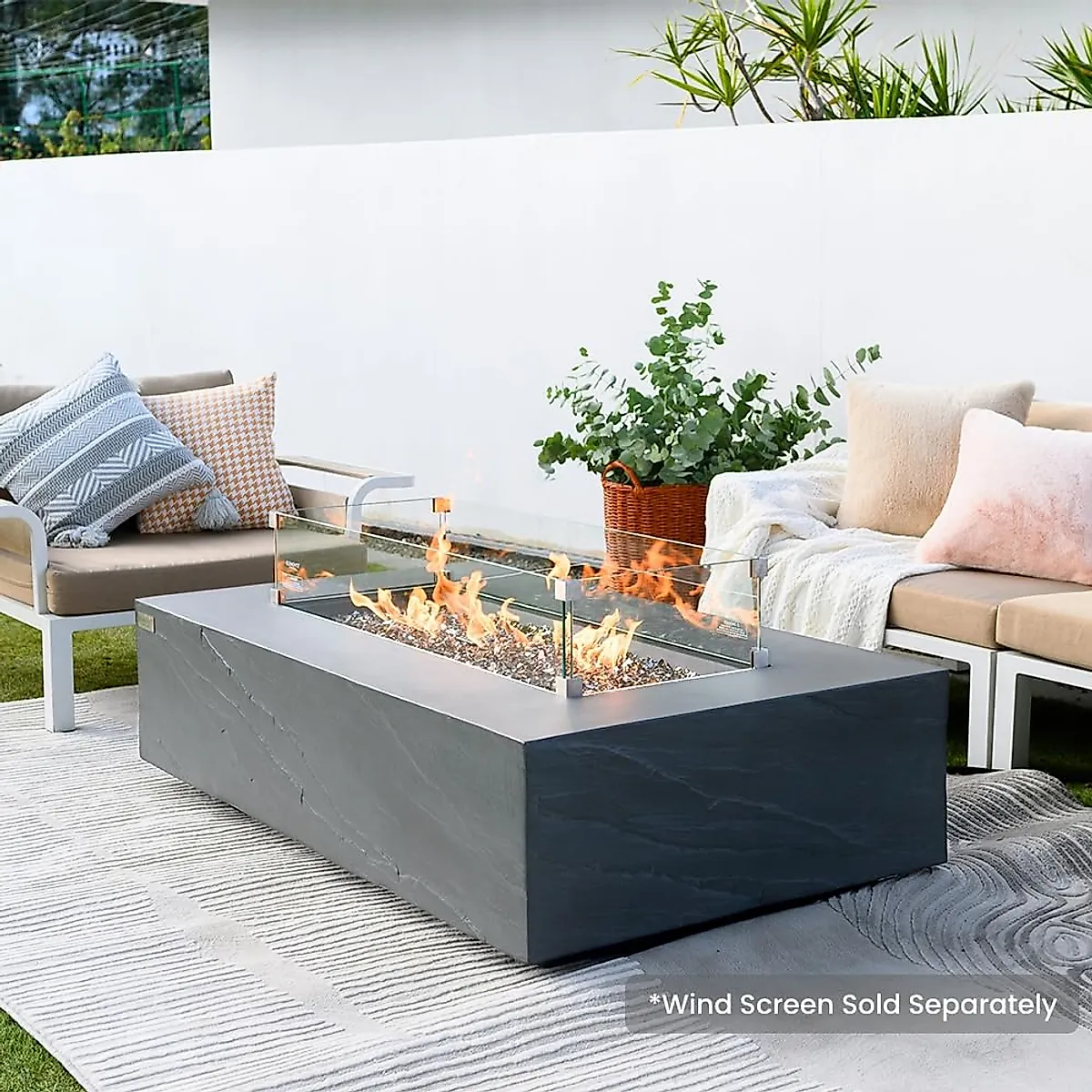 Capetown Concrete Fire Pit 55.9" x 31.9" Outdoor Patio Firepit Includes Fire Glass Modern Fire Pits & Outdoor Fireplaces for Garden, Deck, Indoor & Outdoor Heating