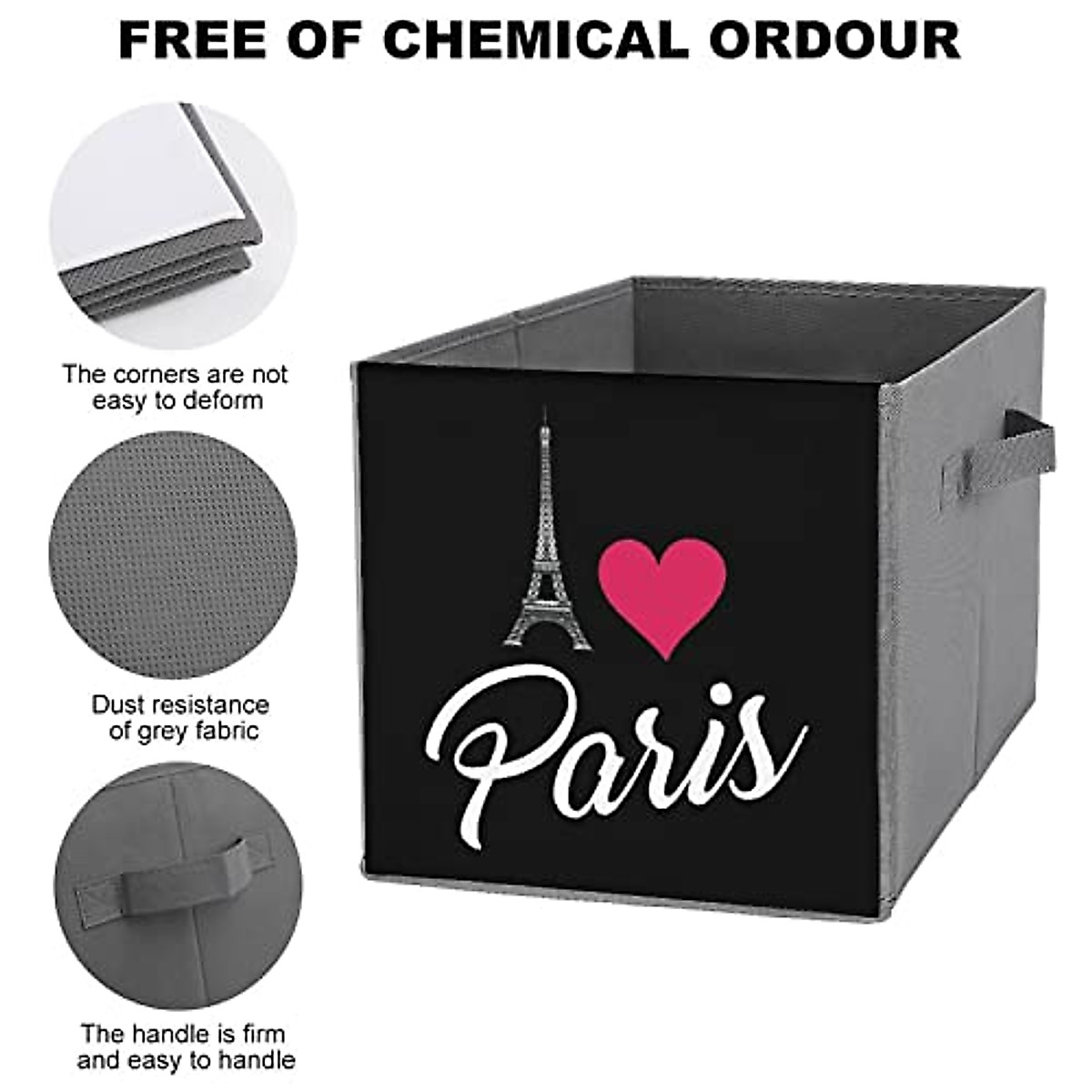 I Love Paris Foldable Storage Bins Printd Fabric Cube Baskets Boxes with Handles for Clothes Toys, 11x11x11