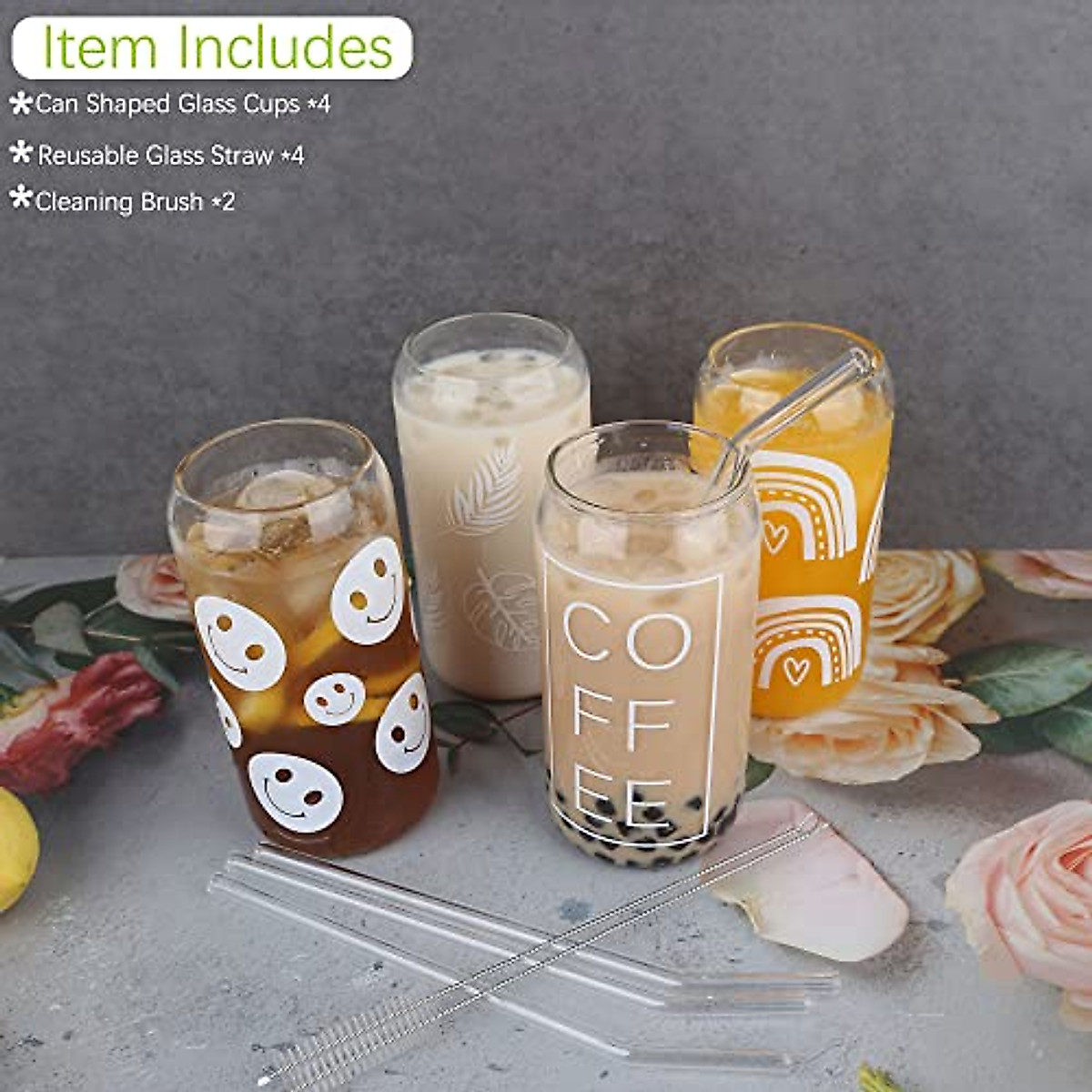 KAUND 4 PCS Ice Coffee Cup with Glass Straw,16oz Sublimation Boho Printed Beer Can Glasses,Ideal for Cocktails,Whiskey,Beer,Soda and Gifts - 2 Cleaning Brushes