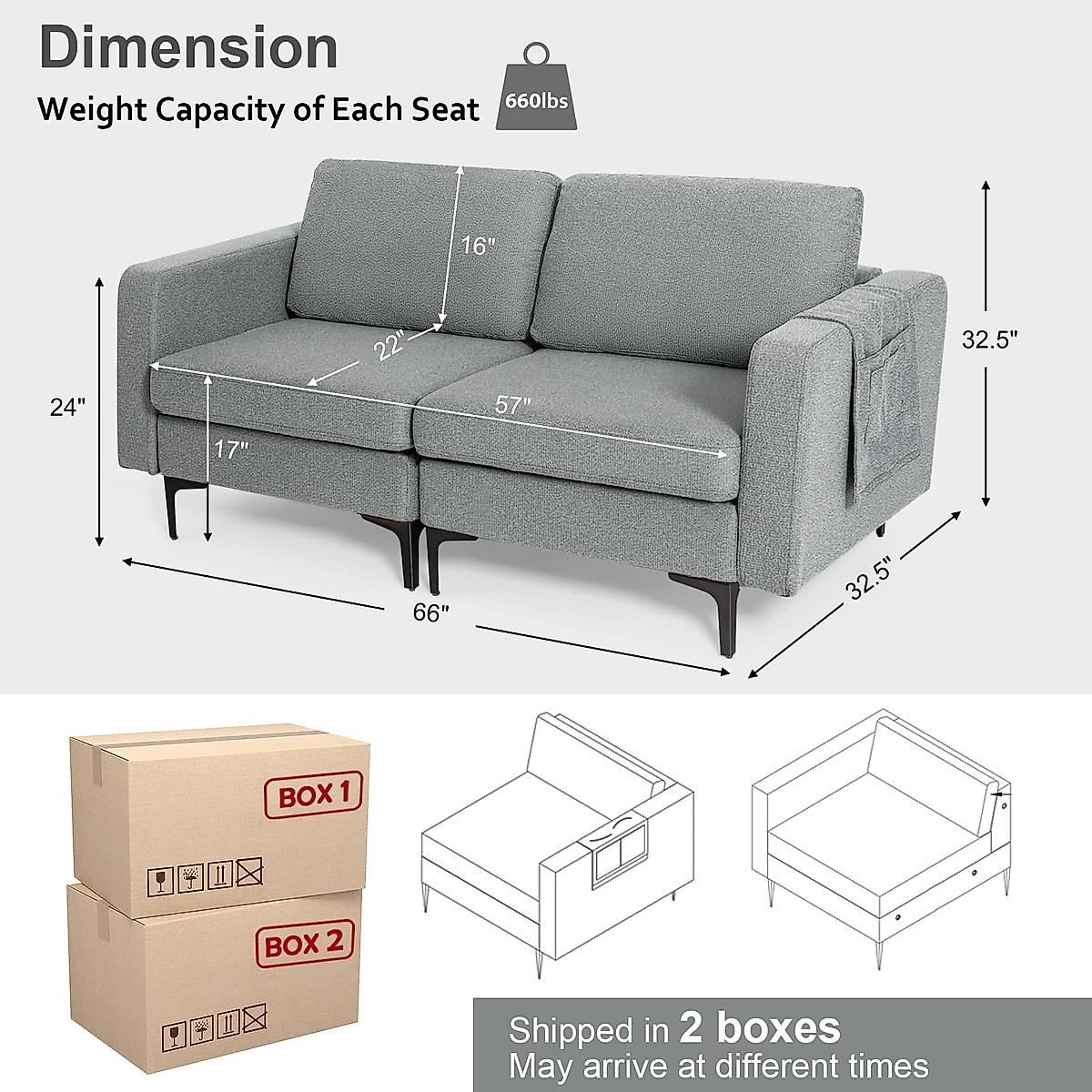 Giantex 2-Seat Sofa Couch, 66" L Modern Loveseat, Thick Cushion, Armrest Magazine Holder with 2 Pockets, Metal Legs, Ideal for Living Room Reception Room Office
