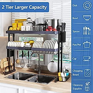 BOOSINY Over The Sink Dish Drying Rack, 2 Tier Stainless Steel Large Adjustable Kitchen Dish Drainer, Home Storage Organizer Shelf Above Counter with 6 Hooks