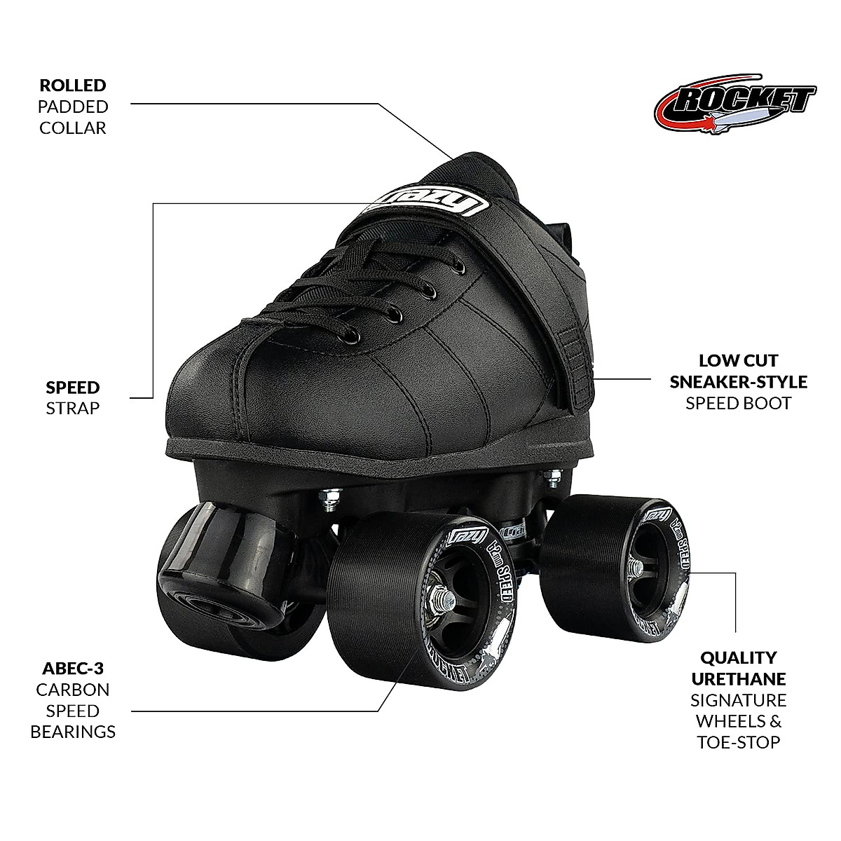 Crazy Skates Rocket Roller Skates - Quad Skates for Men and Women - Black (Size: Mens 10 / Womens 11)