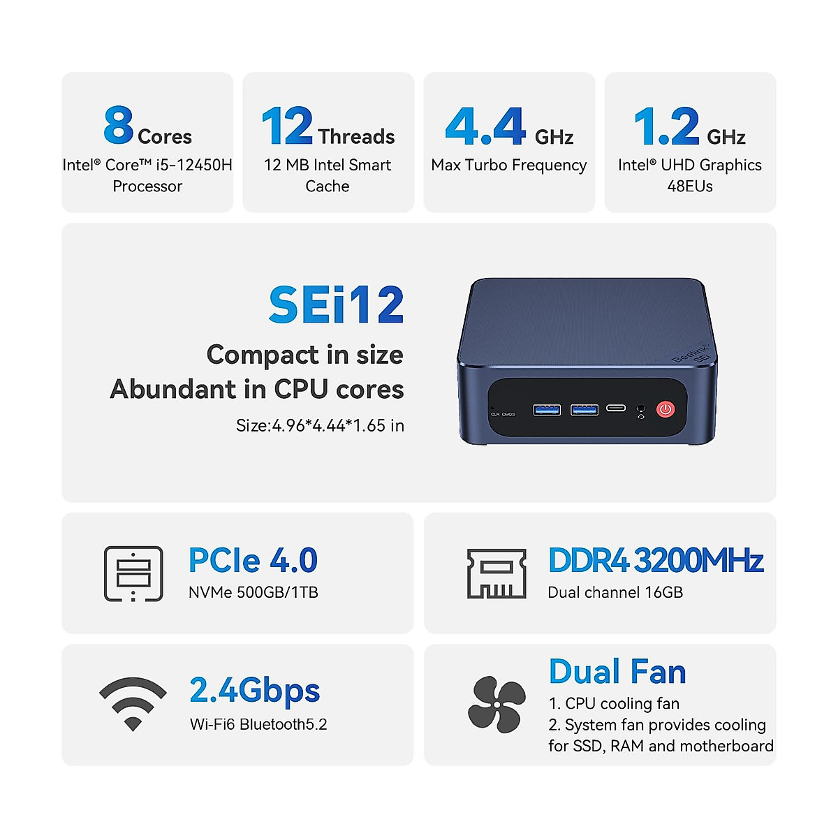 Beelink Intel 12Th Mini PC SEI12| Core i5 Mini Computers i5-12450H Turbo 4.4Ghz 8C/12T Intel Plus Graphics 16GB DDR4&500GB SSD, Dual 4K displays, WiFi 6, Bluetooth 5.2, Low-Power Gaming PC