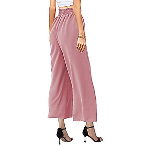 MAYFASEY Linen Pants for Women Wide Leg Casual Stretchy Palazzo Pants Office Capris Elastic Waist Loose Fitting Lounge Yoga Trousers with Pockets Pink 3XL