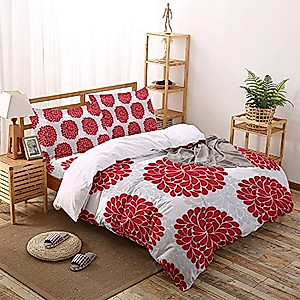 Red Dahlia Bed Bedding 4 Piece Comforter Set - Duvet Cover Set Queen Size Premium with Zipper Closure Ultra Soft, 4 Piece-1 Microfiber Duvet Cover Matching,2 Pillow Shams,1 Fitted Sheet
