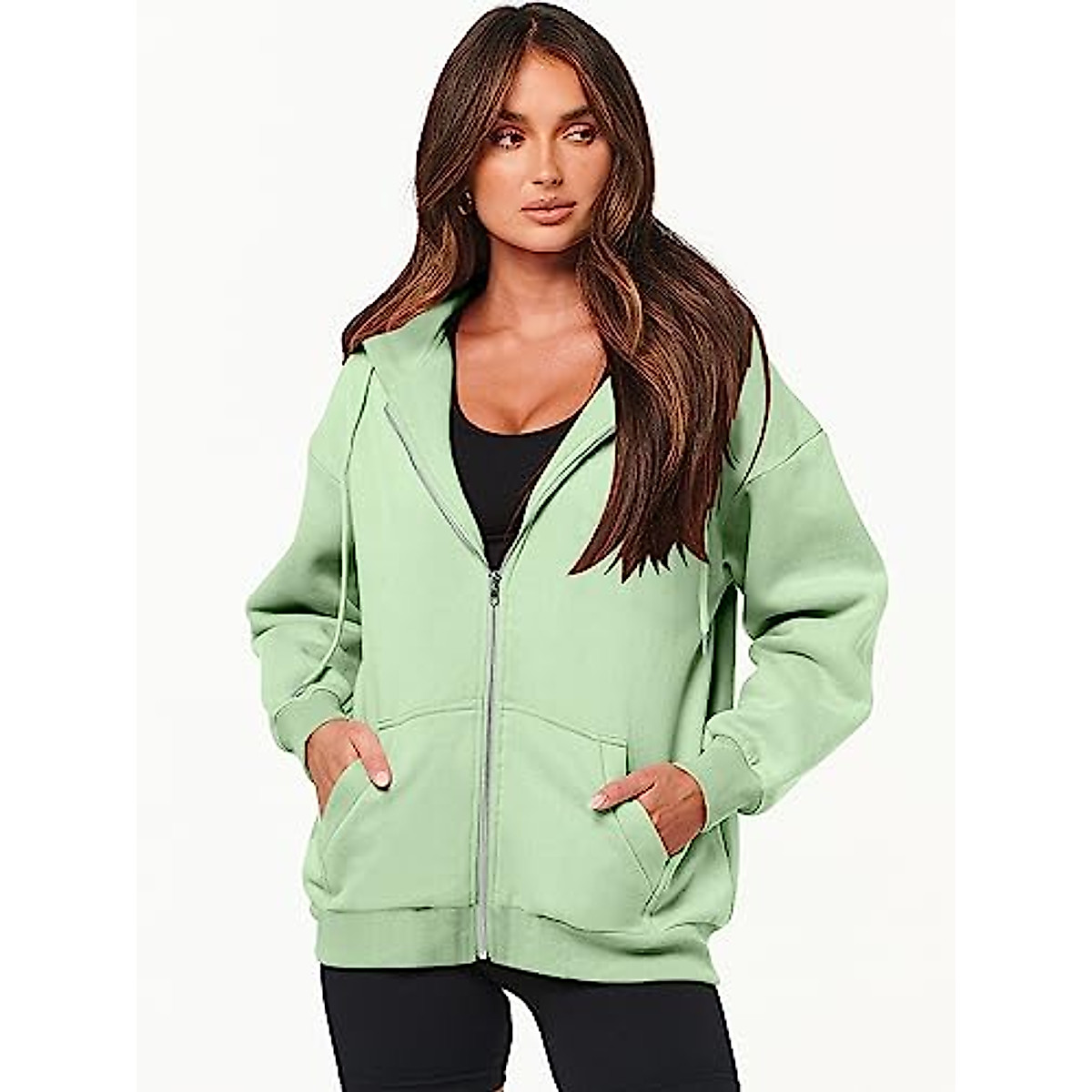 Prinbara Women's Cute Tops 2023 Outfits Teen Girl Jacket Sweater Long Sleeve Sweatshirts Casual Tops Zip Up Trendy Clothes Light Green 9PA89-doulv-L