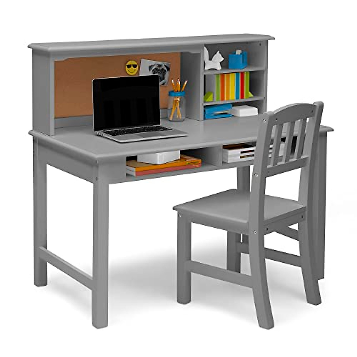 Delta Children Kids Wood Desk with Hutch and Chair - includes Cork Bulletin Board, Cubbies and Cutouts for Cords & Wires - Childrens Study/Computer/Writing Workstation (for Ages 5-12), Grey