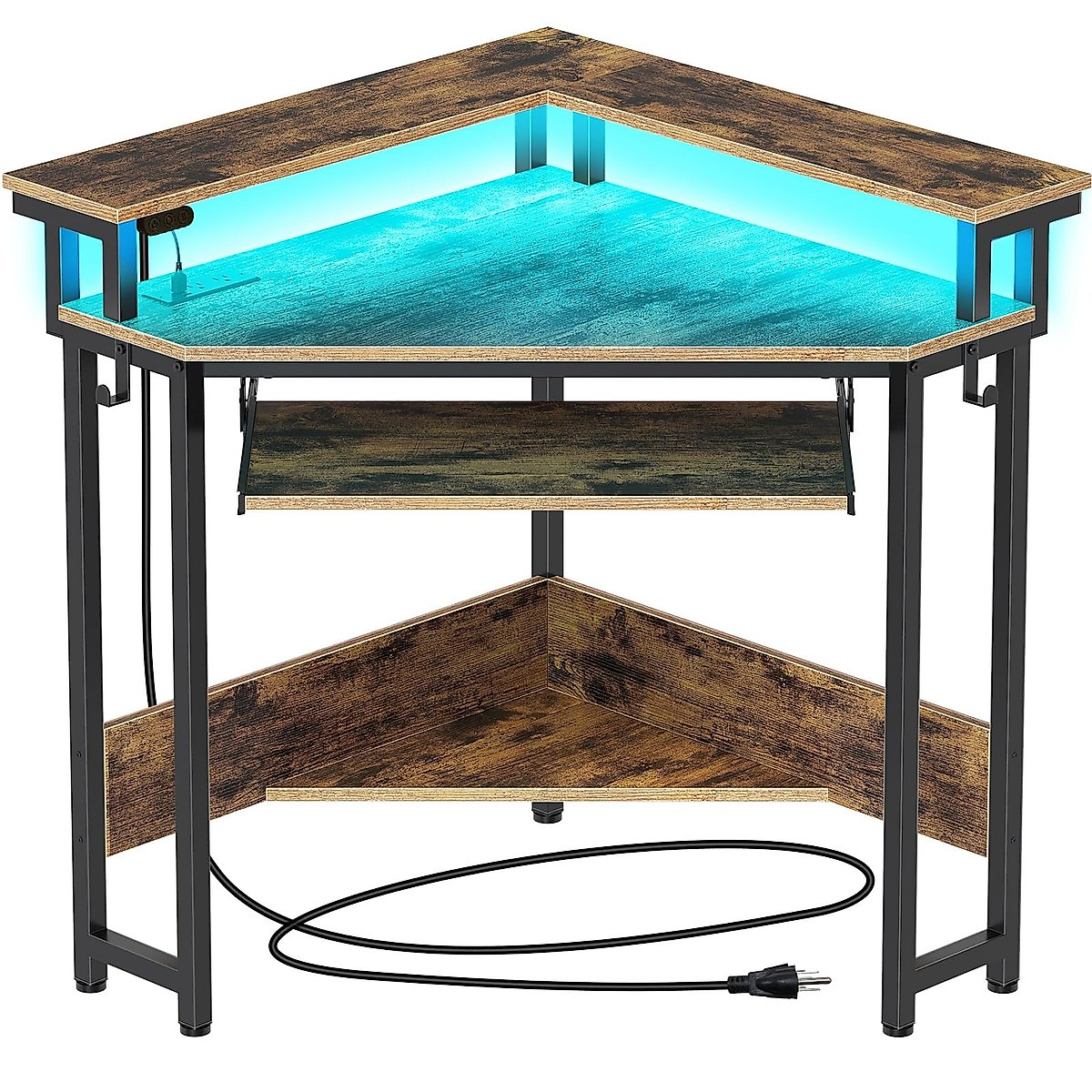 Rolanstar Corner Desk, 44.5" W x 34.5" H Small Computer Desk with Power Outlets, Gaming Desk with LED Lights, Triangle Corner Desk with Keyboard Tray & Monitor Stand for Small Space, Rustic Brown
