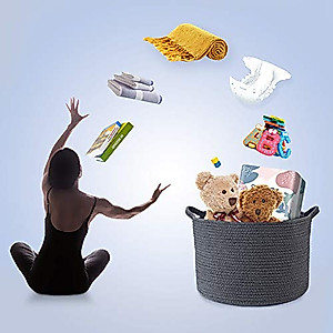 Rope Baskets Extra Large Storage Baskets Cotton Rope Woven Nursery Bins (15"x10", Dark gray)