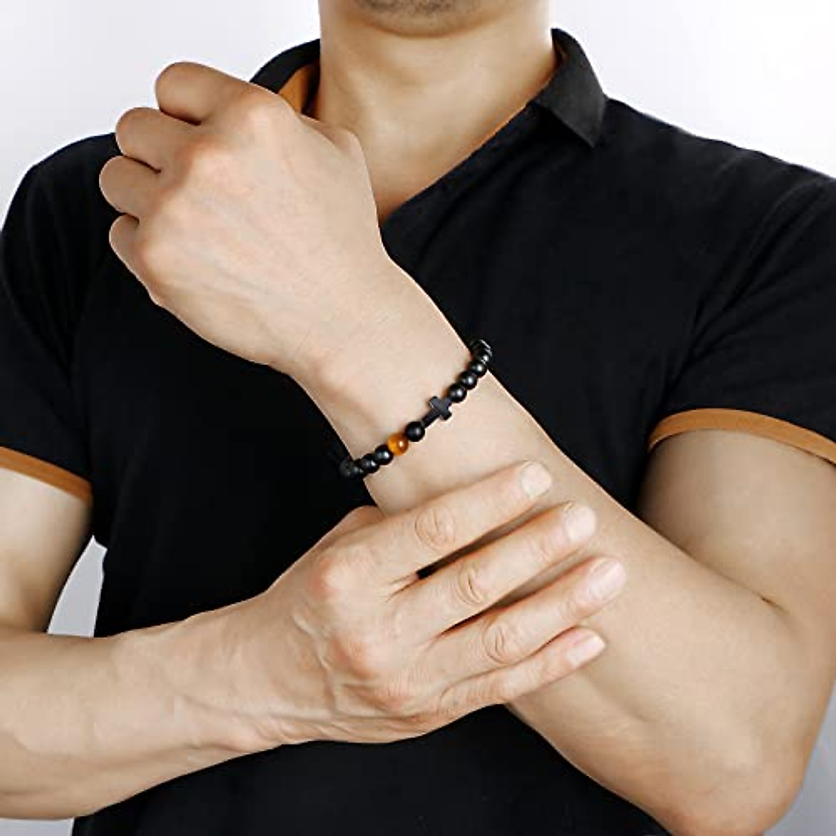 Faith Gifts for Men Unique Elastic 8mm Natural Stone Tiger Eye Bracelet Cross Charm Bracelets Pulseras Para Hombres Rosary Jesus Bracelet Best Friend Bracelet Catholic Religious Easter Gifts Nothing Will Be Impossible Matthew 17:20