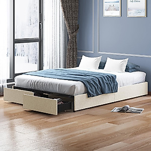 ijuicy Cal King Size Bed Frame with Storage Drawers, Wood Slat Support Bed Frame, Linen Fabric Upholstered Platform Bed, Bed Frame with Large Storage Space,Easy Assembly-Beige