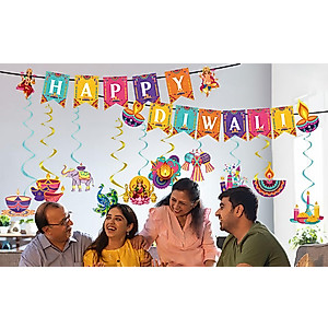 Rakuto Happy Diwali Party Decorations - 12PCS Happy Diwali Banner Hanging Swirls Deepavali Party Hanging Decor for Indian Deepavali Diwali Festival of Lights Rangoli Diya Theme Party Supplies