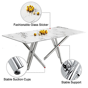 WOXYX Modern Large Simple Rectangular Glass Dining Table for 6-8 People with 0.39-inch White Imitation Marble Desktop and Silver Metal Legs, Black
