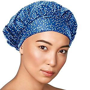 TIARA Luxury Shower Cap for Women Reusable Waterproof, Hair Cap for Long & Short Hair, All Size Flexi Adjustable Terry Lined Cloth Plastic Leakproof Soft, Breathable, Durable & Comfy (Dots Blue)