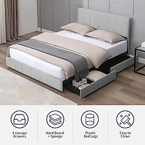 ZAFLY Platform California King Size Bed Frame with Adjustable Headboard,Upholstered Cal King Bed Frame with 4 Storage Drawers,Wooden Slats Support,No Box Spring Needed,Easy Assembly (Light Grey)