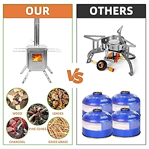UNDUSLUY Outdoor Portable Stainless Steel Wood Burning Stove, 22“ Oversize Heating Burner Stove for Tent, Camping, Ice-Fishing, Cookout, Hiking, Travel, Includes Pipe Tent Stove