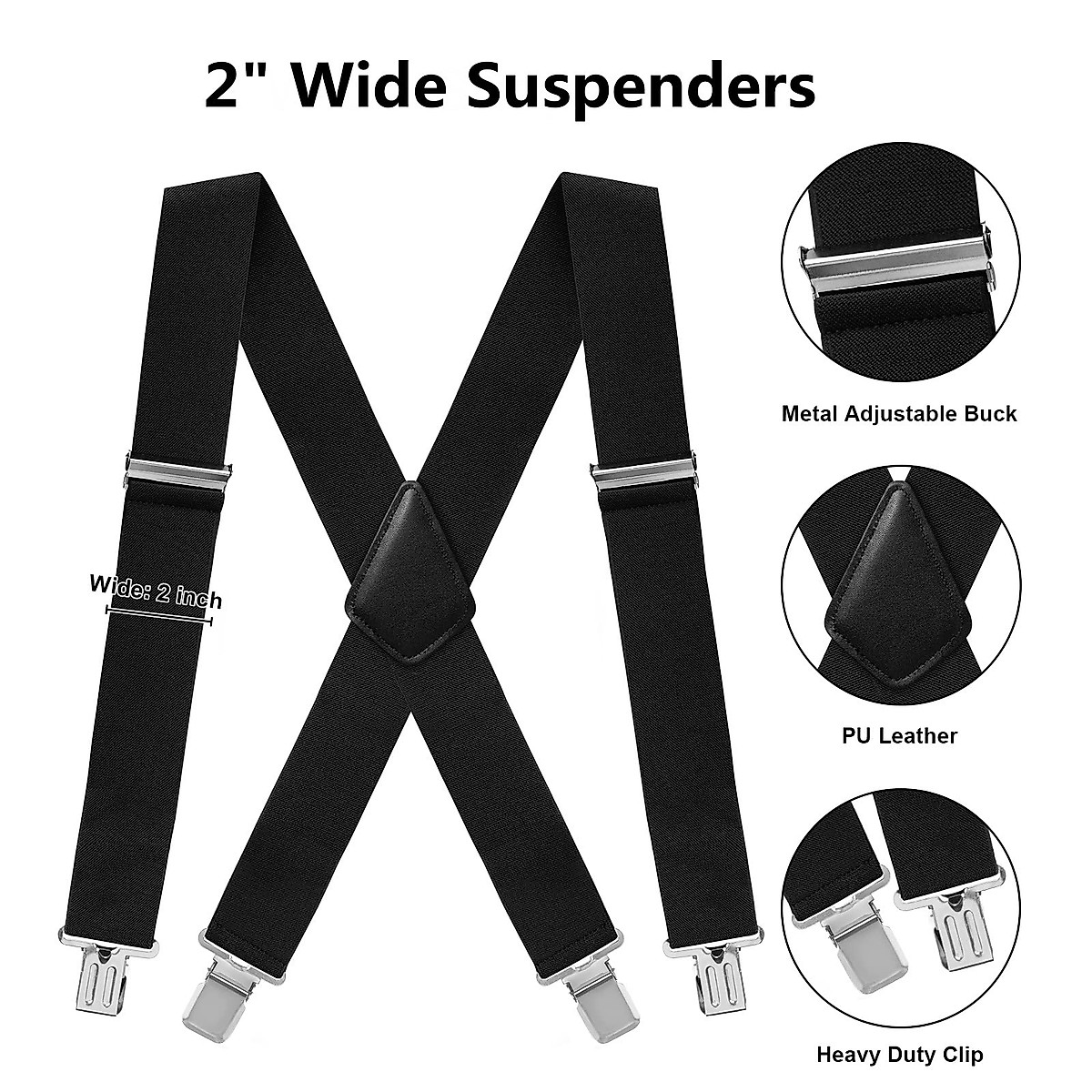 Fasker Mens Suspenders X-Back 2" Wide Adjustable Solid Straight Heavy Duty Clip Suspenders for Men Women, Black